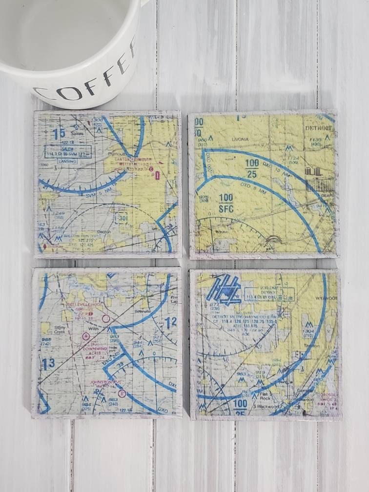 DTW Detroit Aviation Chart Coasters Set of 4 - VFR Charts Coasters Set ...