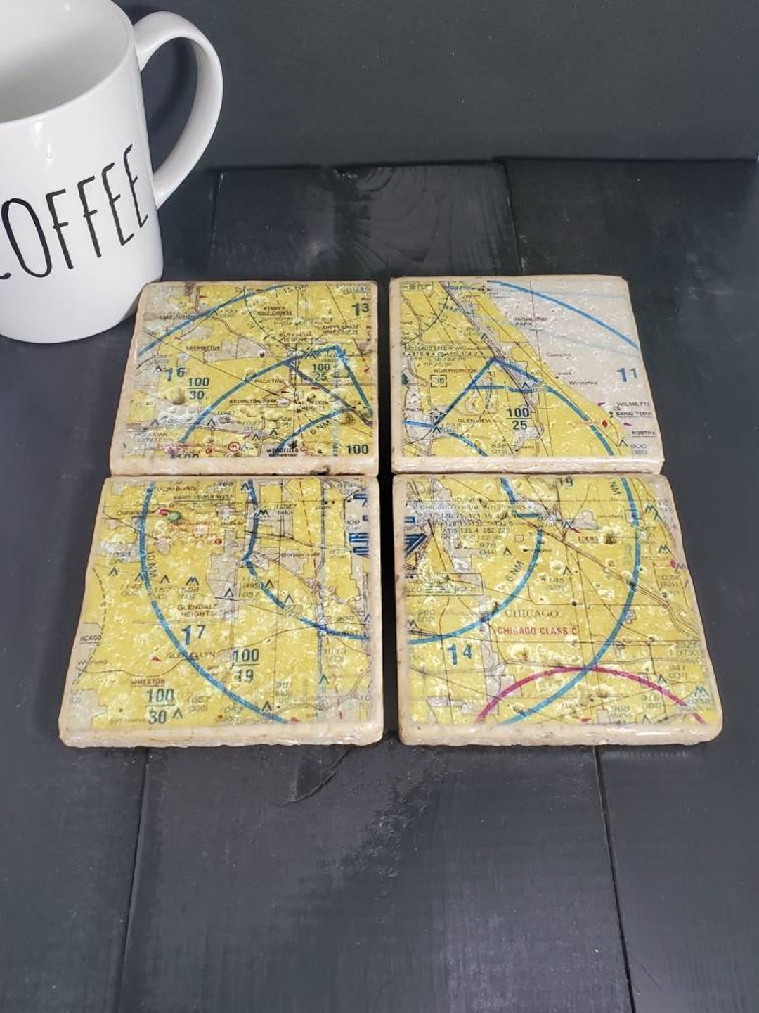 ORD VFR Chicago Map Aviation Charts on Stone Coasters - Set of 4 Gift ...