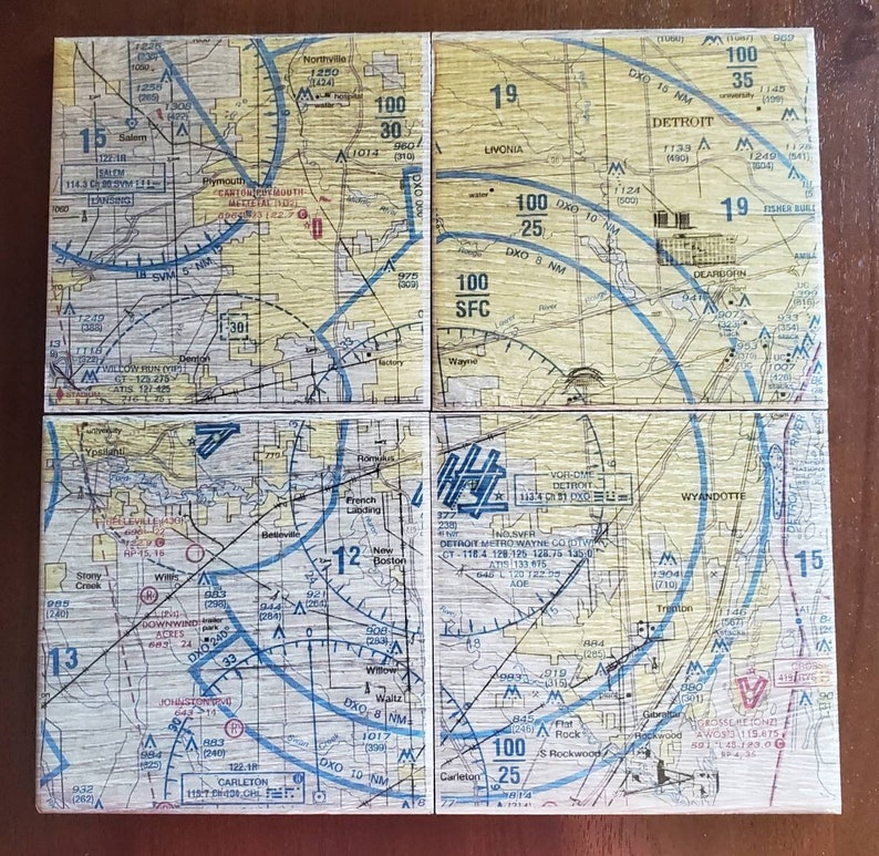 DTW Detroit Aviation chart coasters set of 4 VFR charts | Etsy