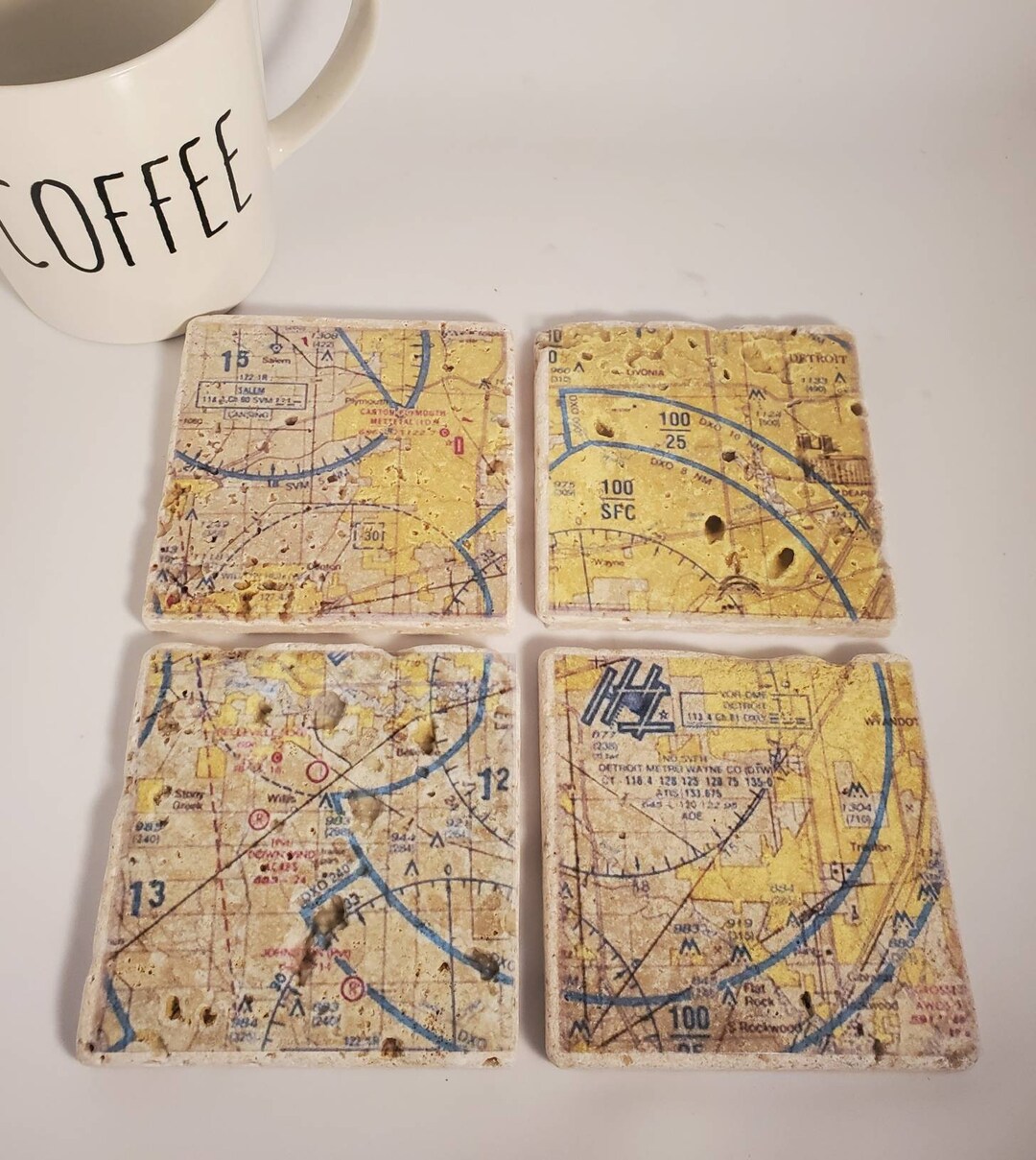 DTW Detroit Aviation Charts on Stone Coasters - Set of 4 Gift Pilots ...