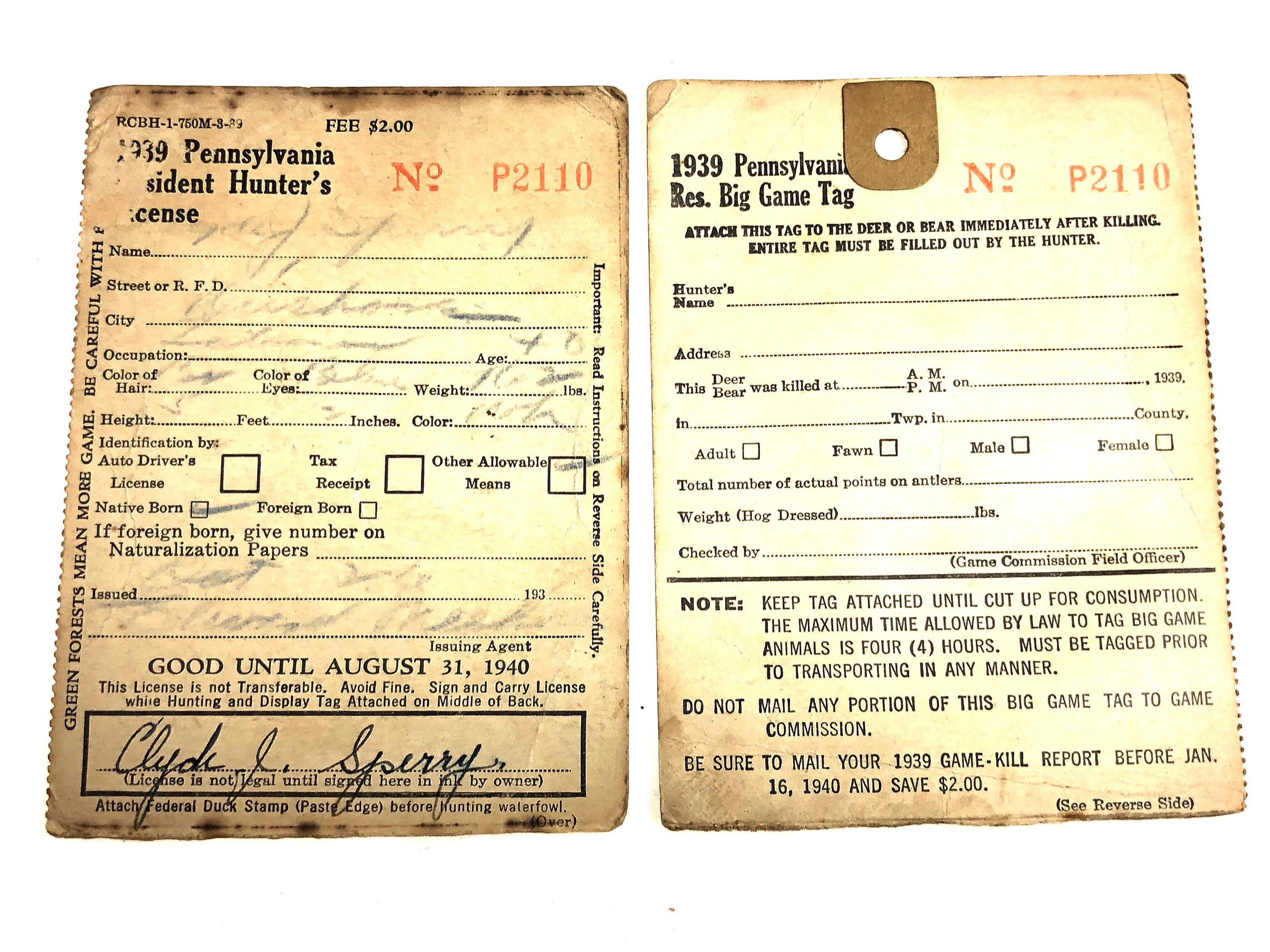 1939 Pennsylvania PA Resident Hunting License With Original | Etsy