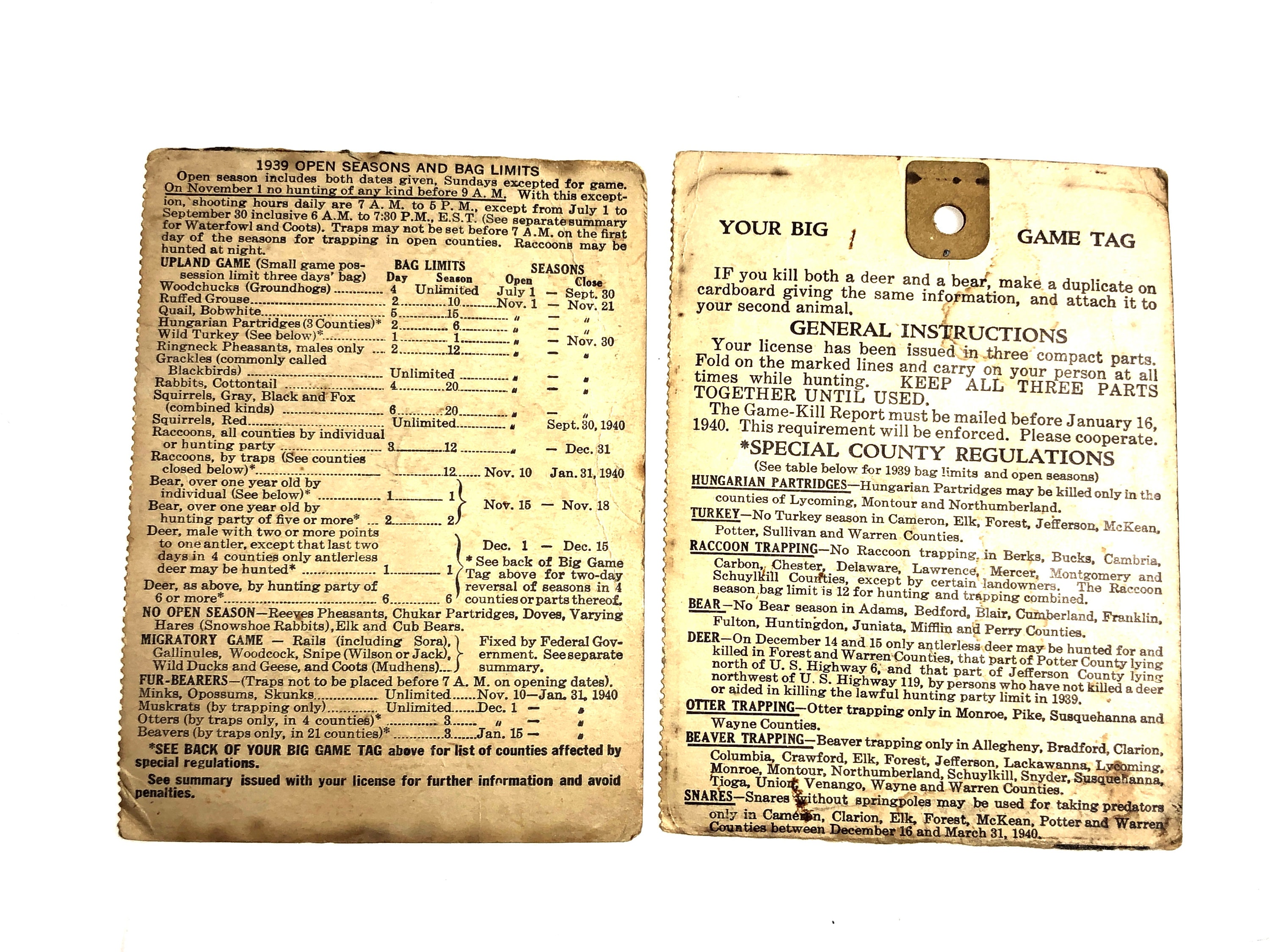 1939 Pennsylvania PA Resident Hunting License With Original Paperwork ...