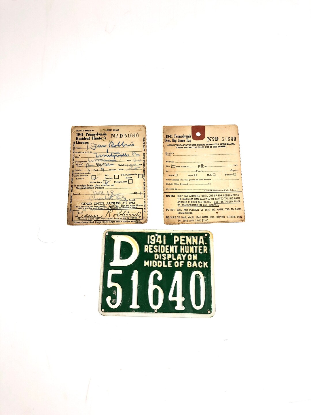1941 Pennsylvania PA Resident Hunting License With Original Paperwork ...