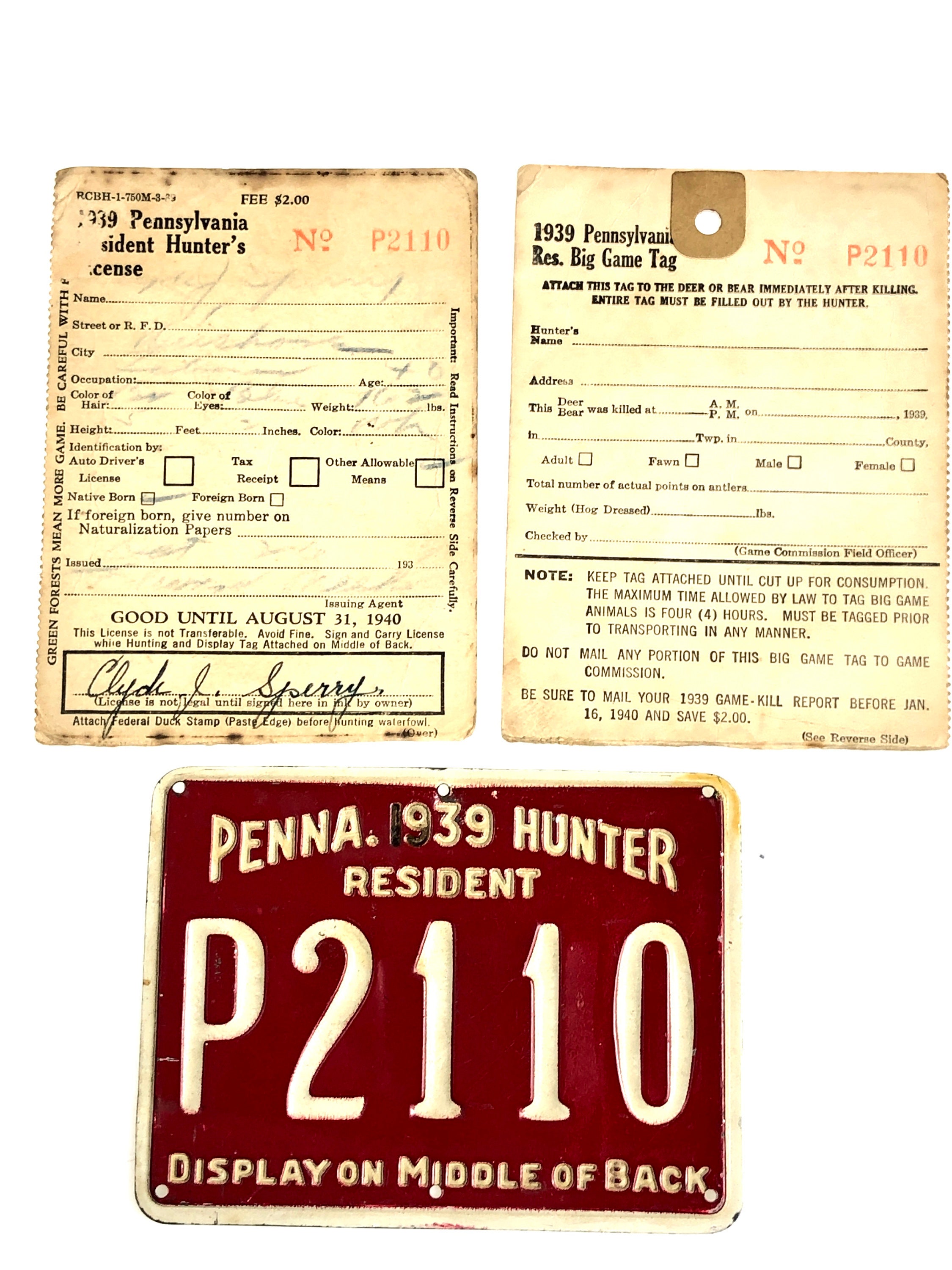 1939 Pennsylvania PA Resident Hunting License With Original | Etsy
