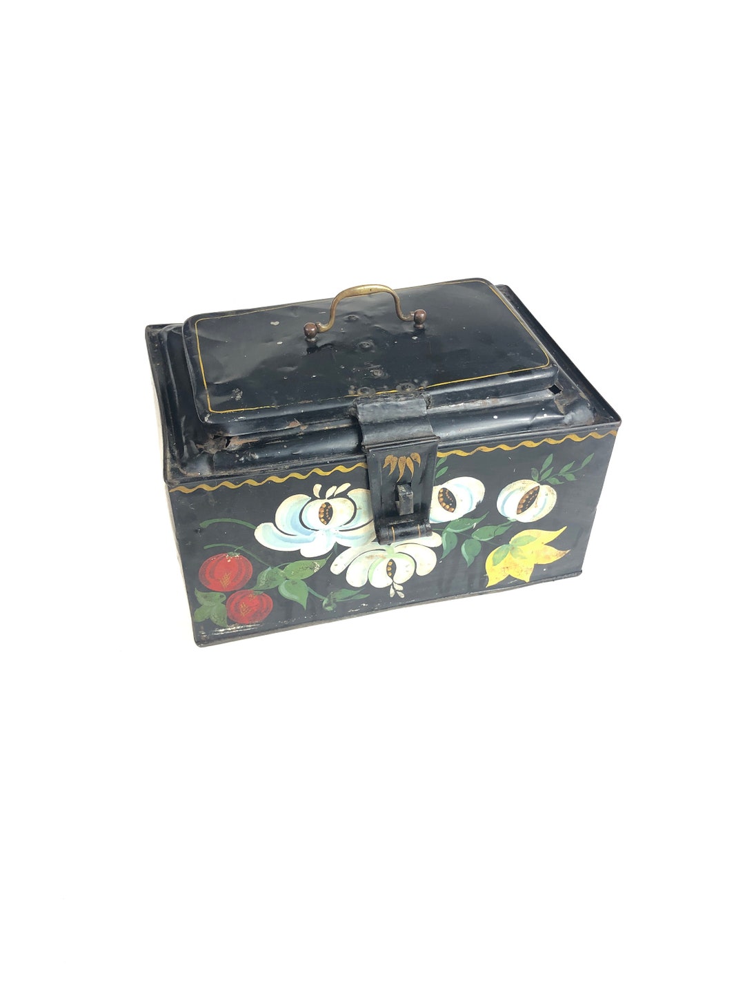 Vintage Hand Painted Black Tin Container With Flowers - Etsy