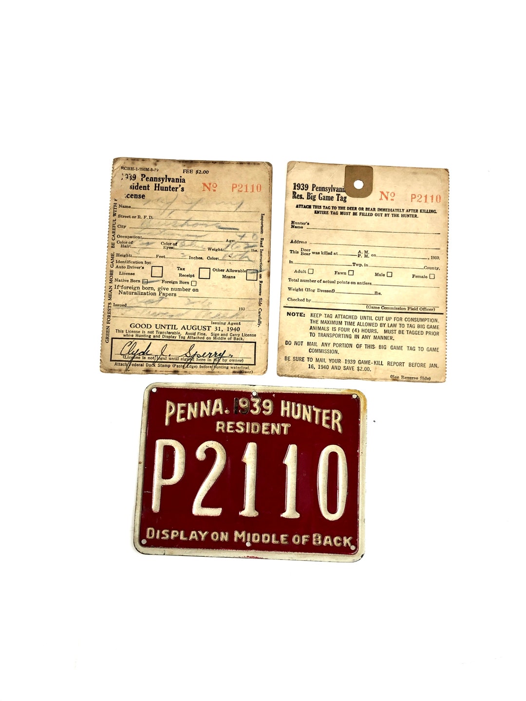 1939 Pennsylvania PA Resident Hunting License With Original Paperwork ...