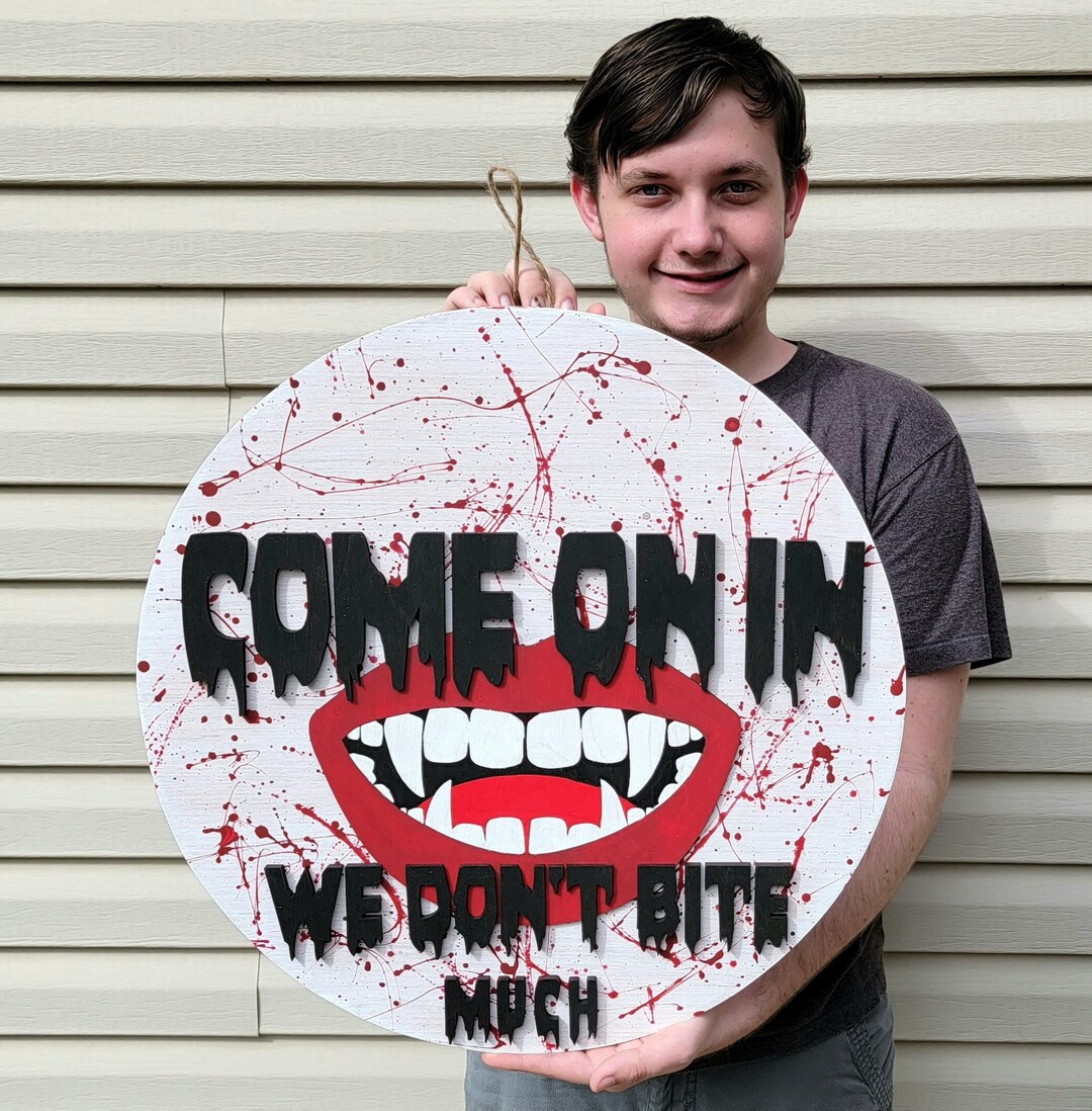 Halloween Front Door Decor, We Don't Bite Much, Vampire Door Hanger ...