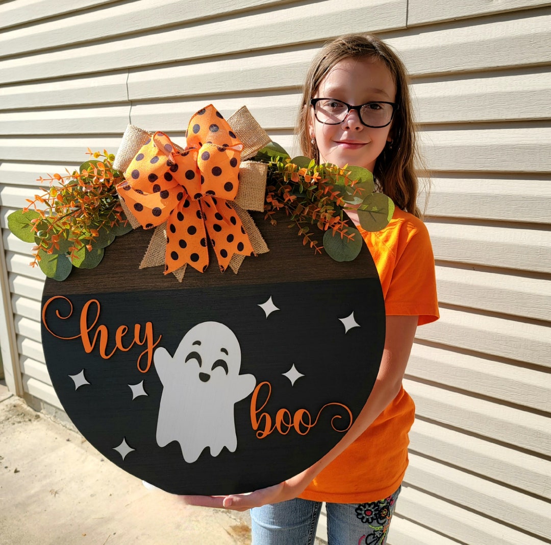 Hey Boo Door Hanger Halloween Door Sign Halloween Front Door Decor Cute ...