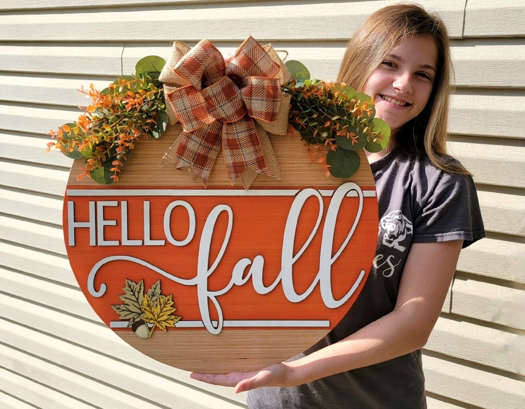 Hello Fall Front Door Hanger Decor Wood Raised Letters Fall Pumpkin ...
