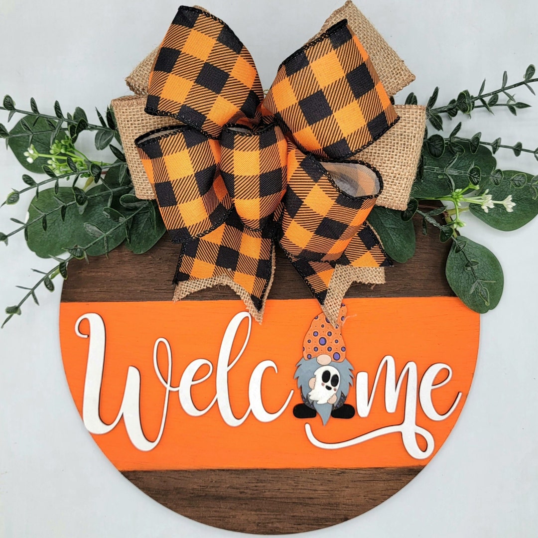 Welcome Fall Gnome Door Hanger Ghost Gnome Sign Wood Raised Letters ...