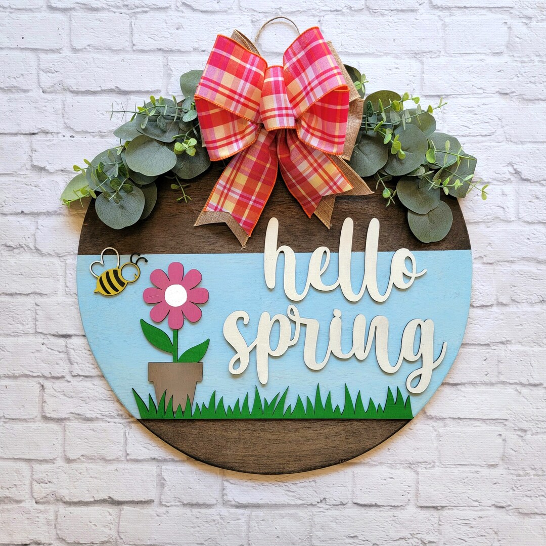 Hello Spring Front Door Hanger Wood Raised Letter Welcome Sign Initial ...