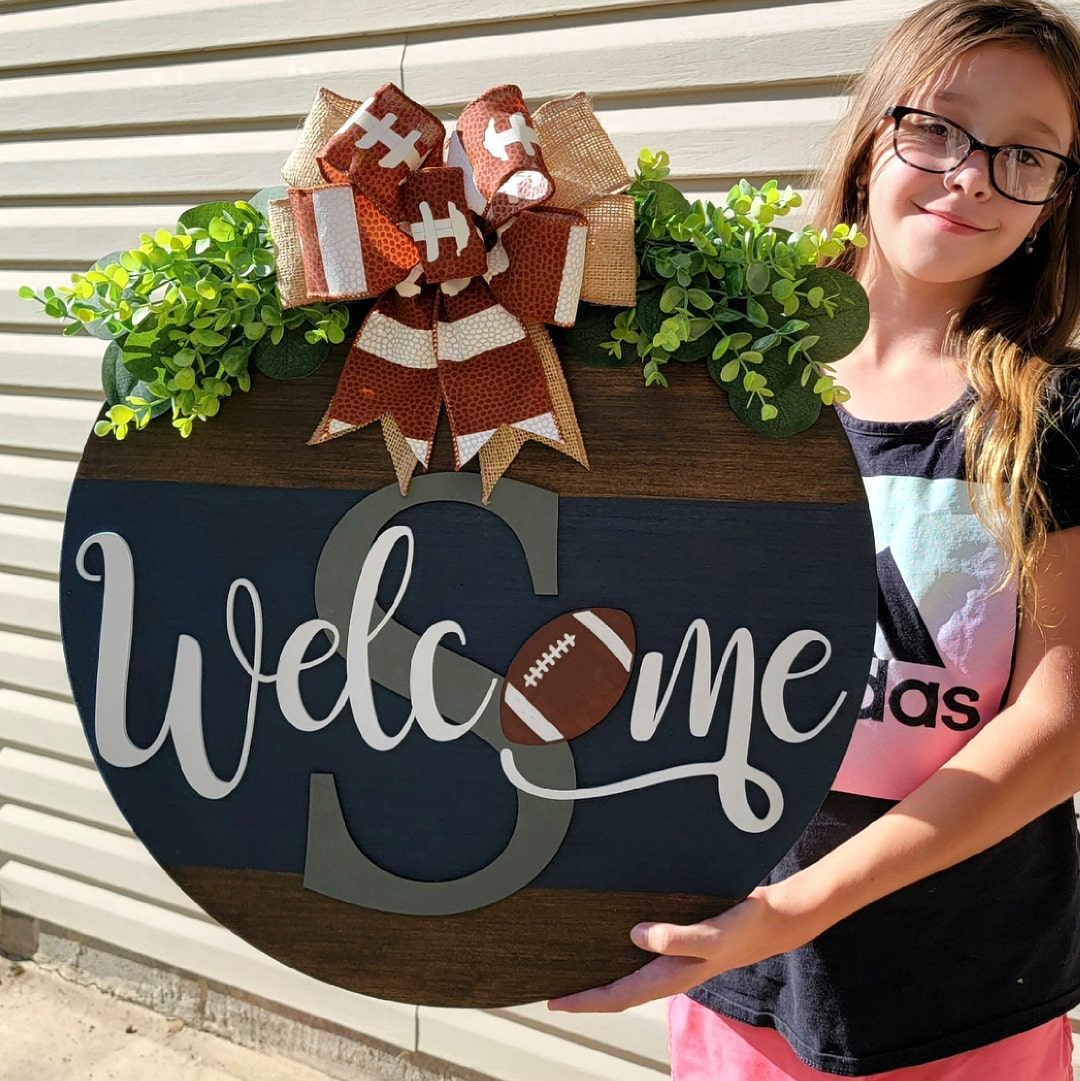 Welcome Football Door Hanger Family Initial Door Sign Football Front ...