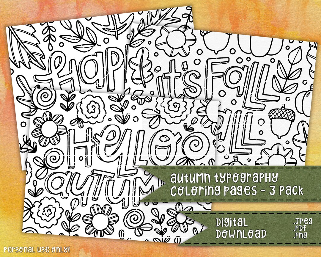 Autumn Typography Coloring Pages 3 Pack | Fall Typography Seasonal ...