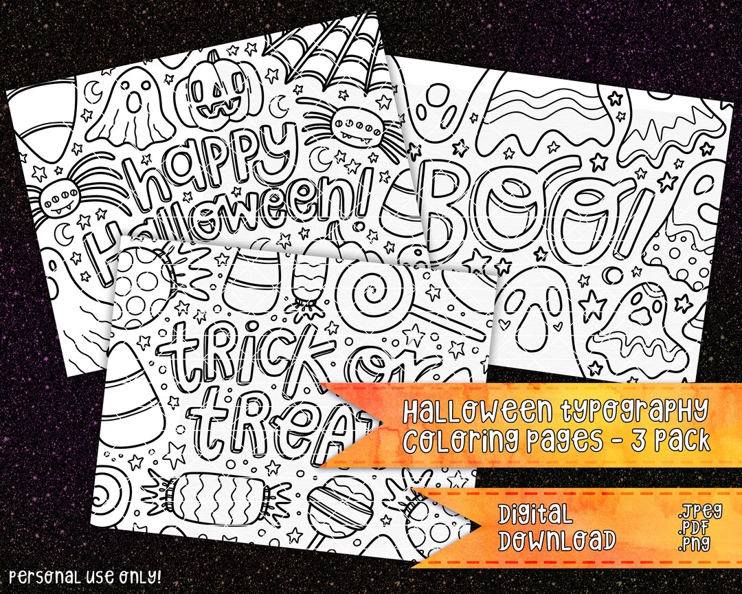 Halloween Typography Coloring Pages 3 Pack | October Patterns Seasonal ...