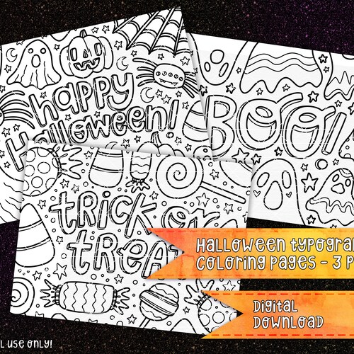 Halloween Typography Coloring Pages 3 Pack October Patterns - Etsy