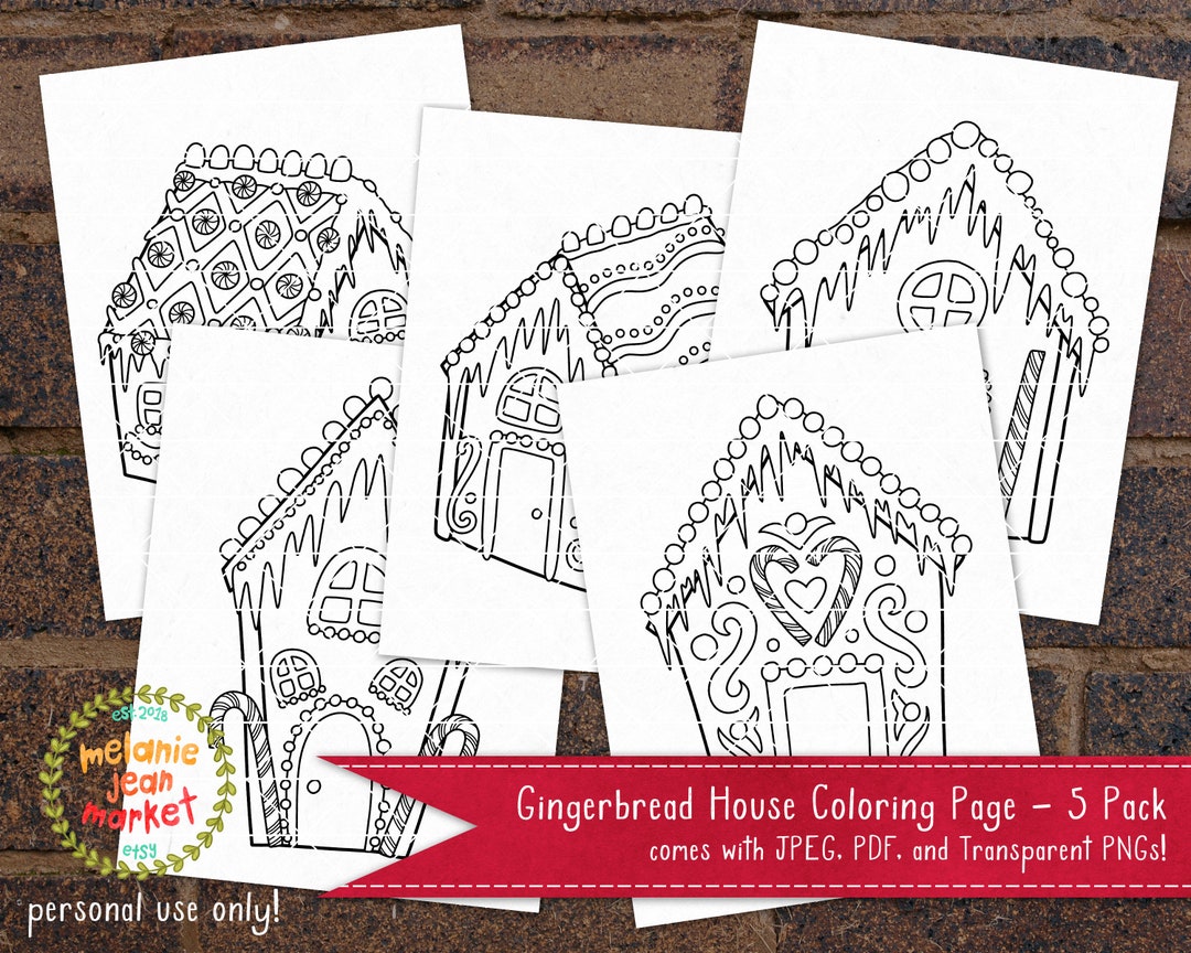 Gingerbread House Coloring Pages 5 Pack | Typography Holiday Coloring ...