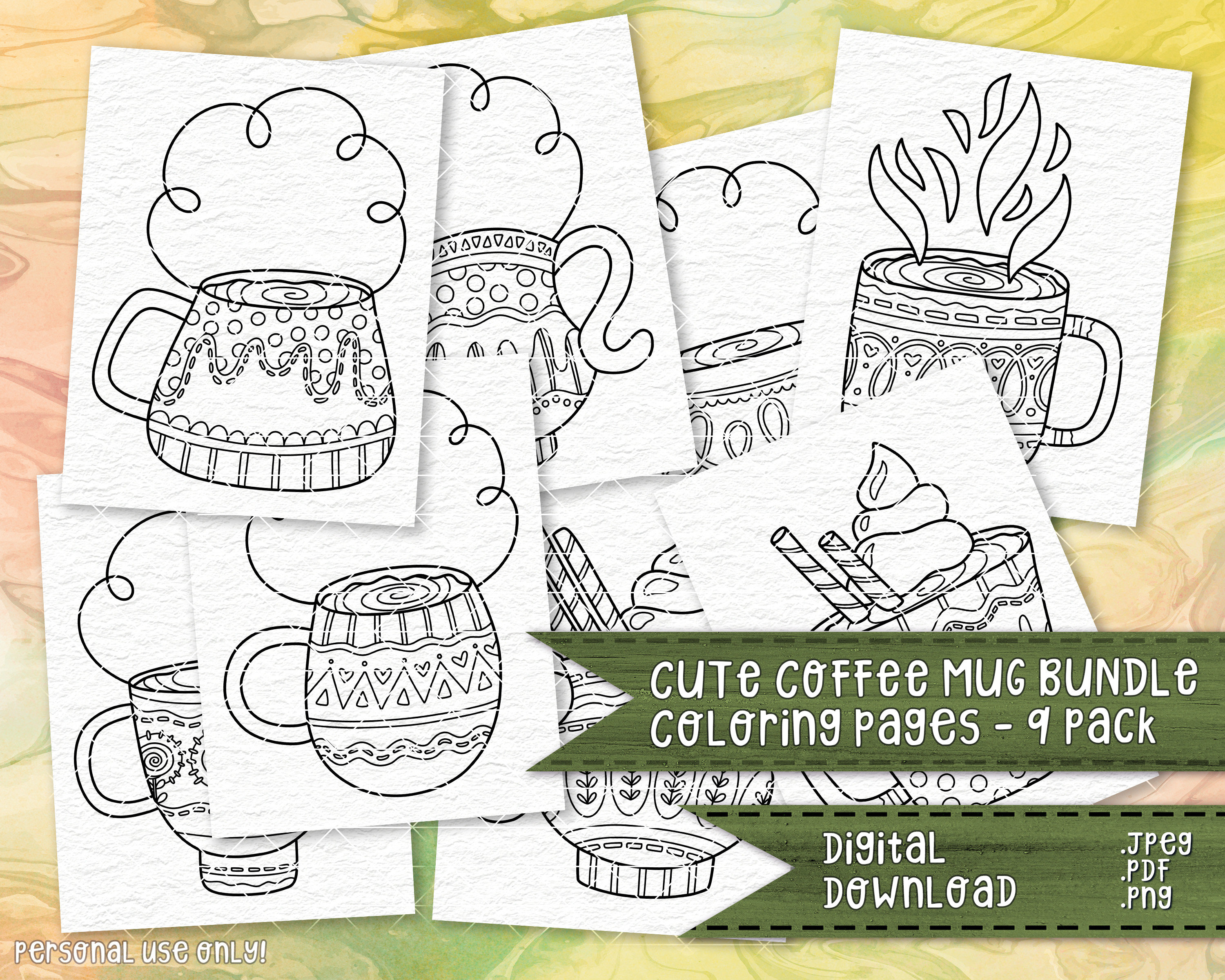 Coffee Mug Cute Coloring Pages 9 Pack Coffee Mugs Coloring | Etsy