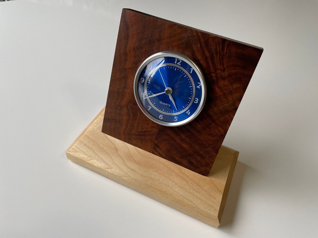 Desk Clock in Solid Walnut and Aspen Wood Blue and Silver - Etsy