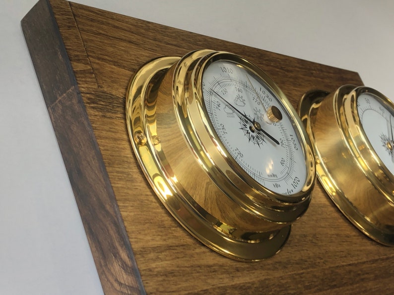 Weather Station - Barometer Clock Hygrometer Thermometer - Wood and ...