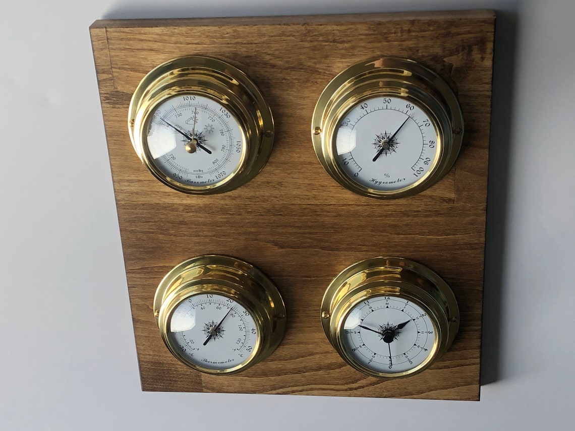 Weather Station - Barometer Clock Hygrometer Thermometer - Wood and ...