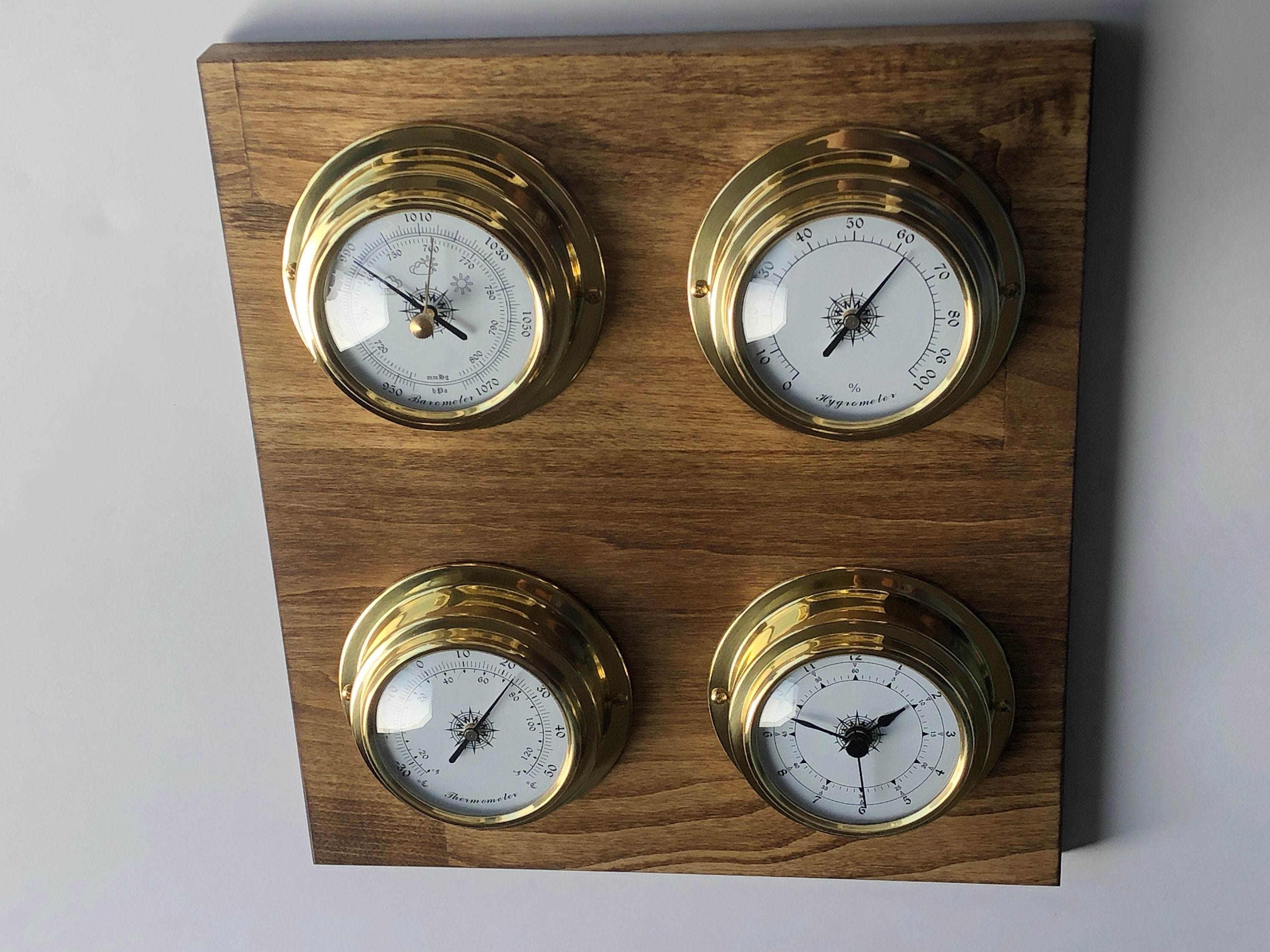 Weather Station - Barometer Clock Hygrometer Thermometer - Wood and ...