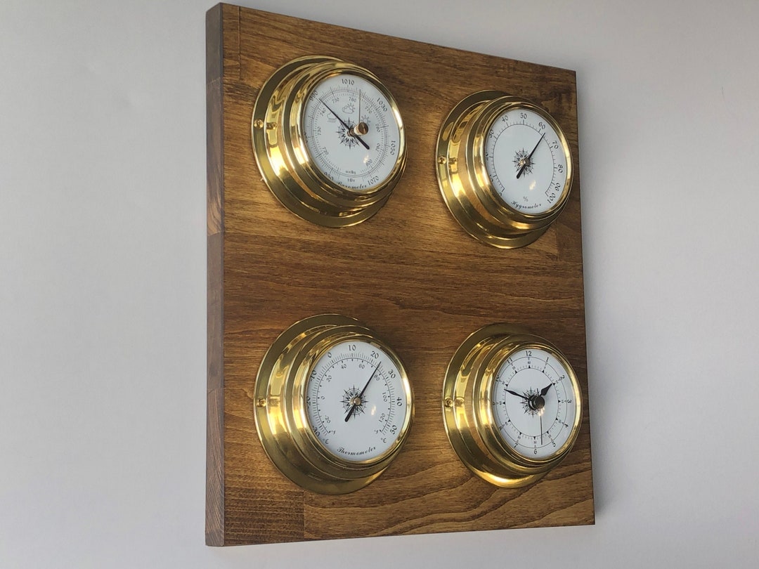 Weather Station - Barometer Clock Hygrometer Thermometer - Wood and ...