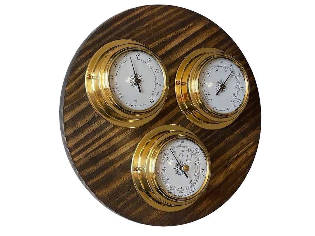 Weather Station Barometer Hygrometer Thermometer Solid Wood and Brass ...