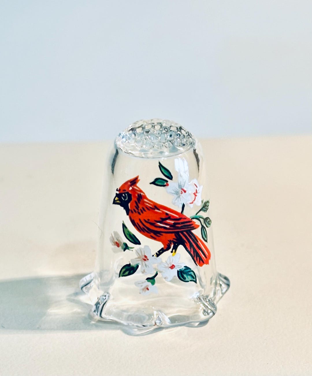 Vintage Fancy Red Cardinal Floral Glass Thimble With Ruffled Edges ...