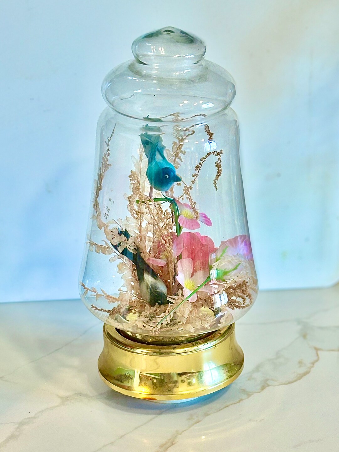 Vintage Kitschy Music Box Light up Apothecary Glass Spinning Flowers ...