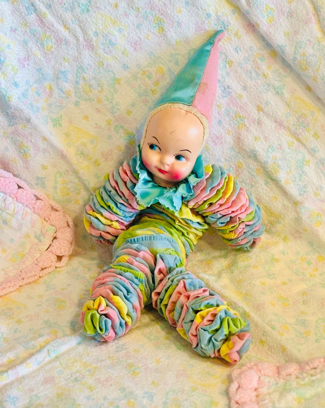 Vintage Fabric Yoyo Floppy Baby Kewpie Face Rag Doll Pastels [needs a ...
