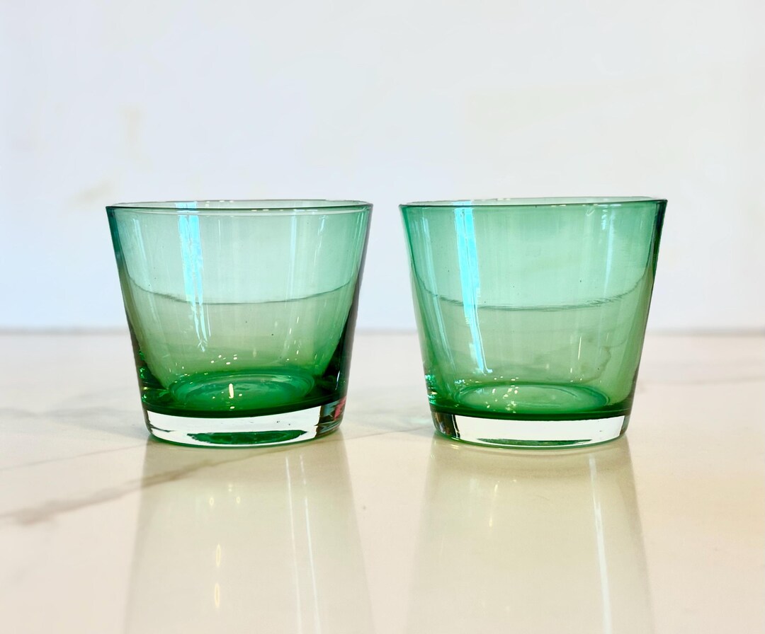 Vintage Pair MCM Green Glass Low Ball Short Tumbler Glasses - Glassware ...