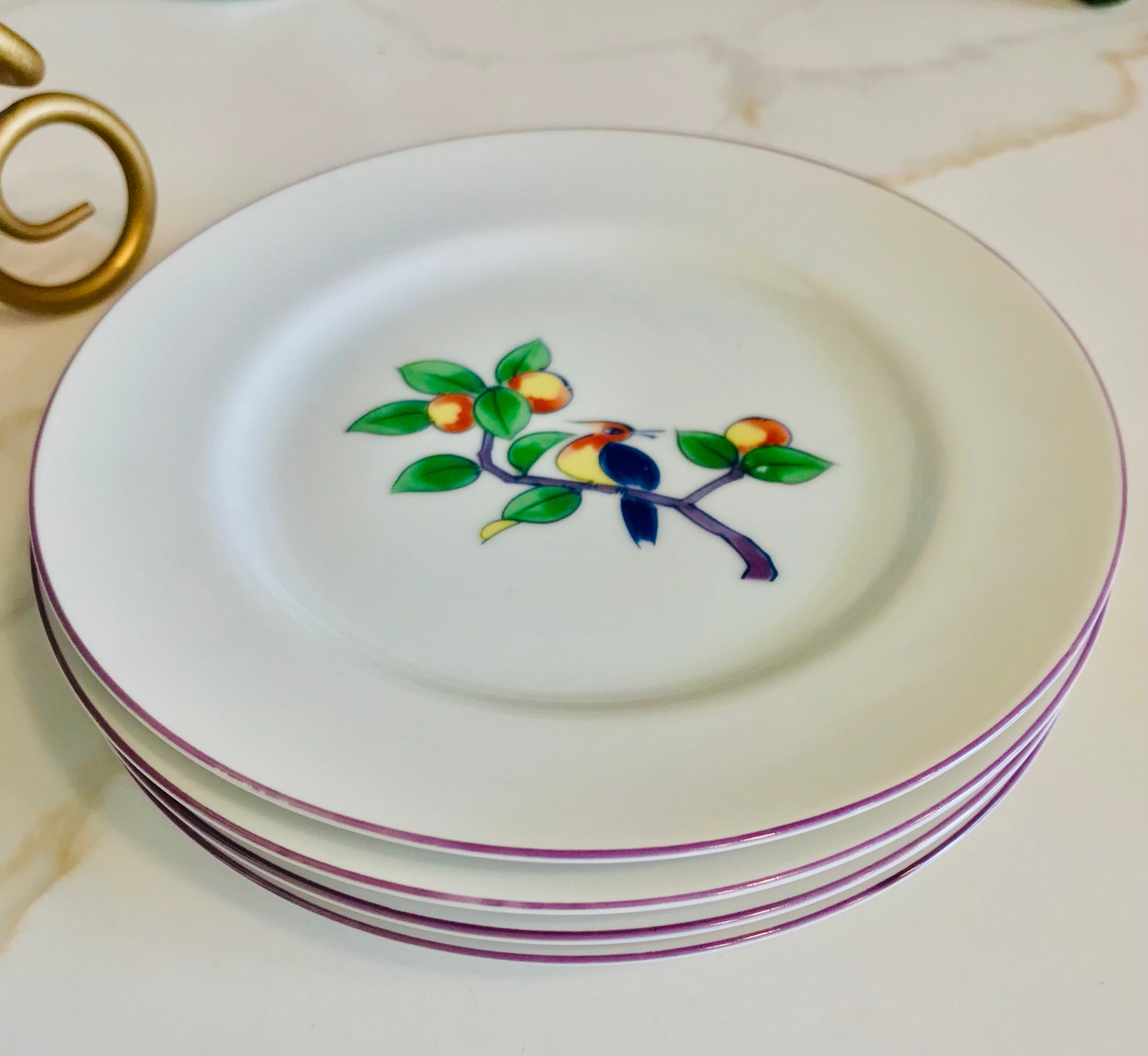 Vintage Taitù Italy Side Plates Rare Birds in Tree Pattern Purple Trim ...