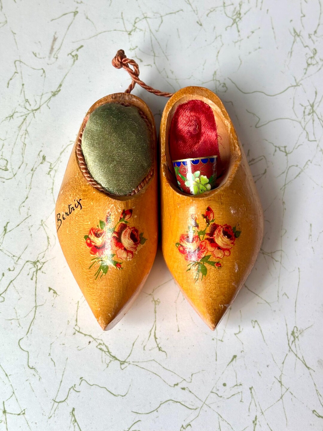 Vintage Hand Carved Mini Clogs Sewing Notion Pin Cushion With Thimble ...
