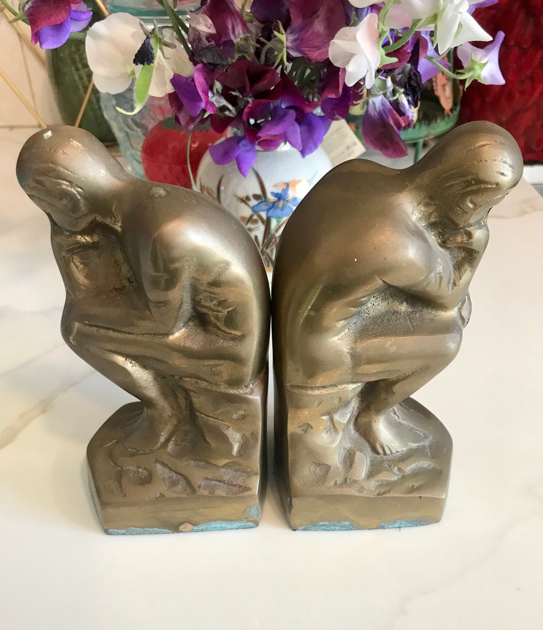 Antique Brass Bookends “the Thinker” Library Decor Literary Decor - Etsy
