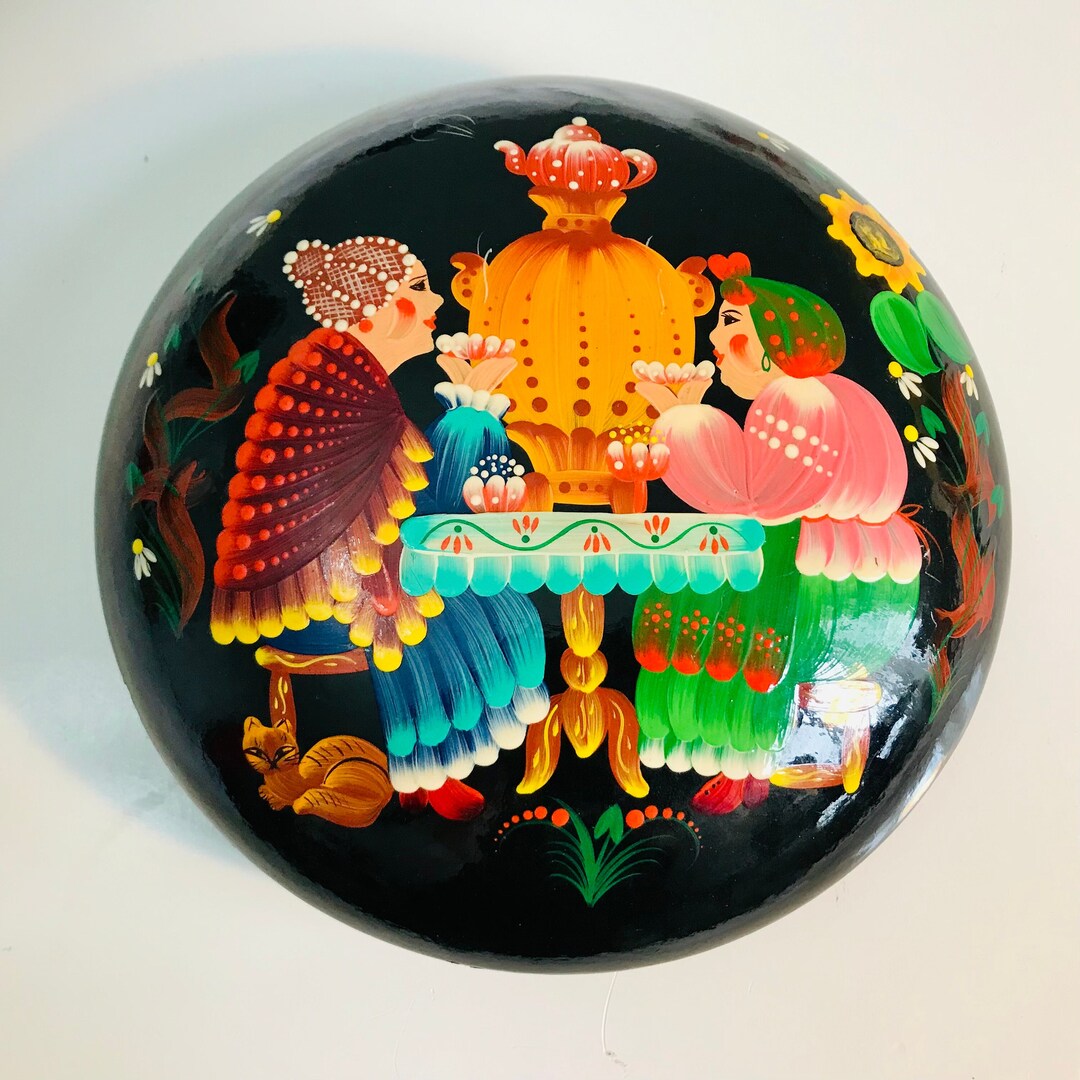 Vintage Black Lacquered Russian Folk Art Round Trinket Box Tea Time - Etsy