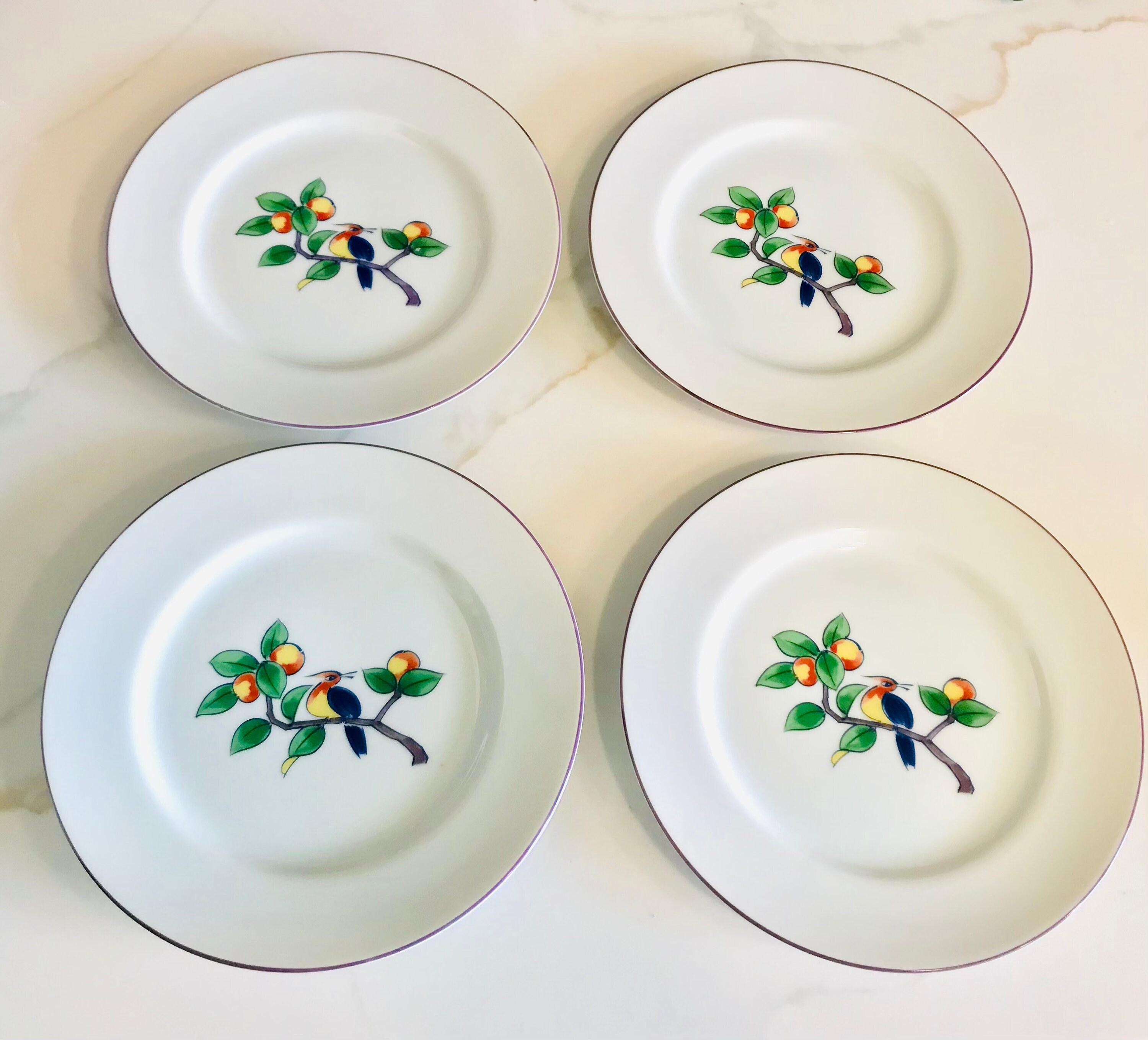 Vintage Taitù Italy Side Plates Rare Birds in Tree Pattern Purple Trim ...
