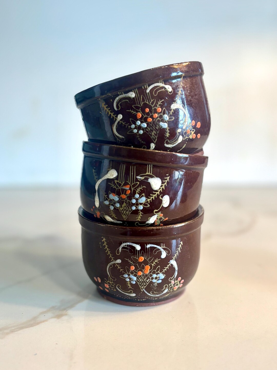 Moriage Brown Glaze Redware Hand-painted Bean Bowls Set of Three Made in Japan - Etsy