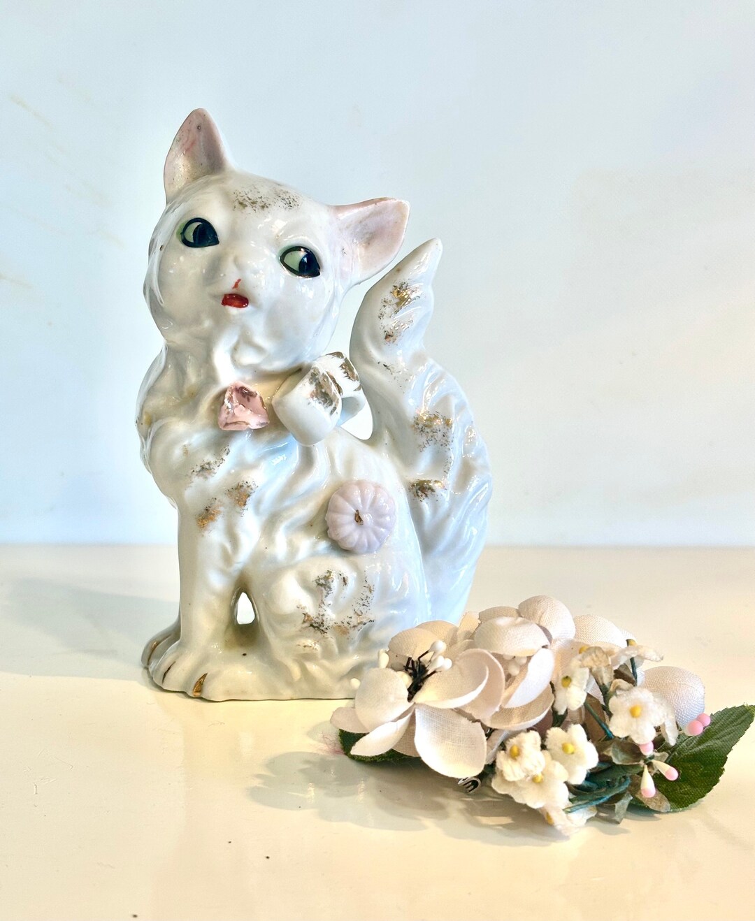 Vintage 1950s Porcelain Cat Figurine: Green Eyes, Gold Speckles, Made ...