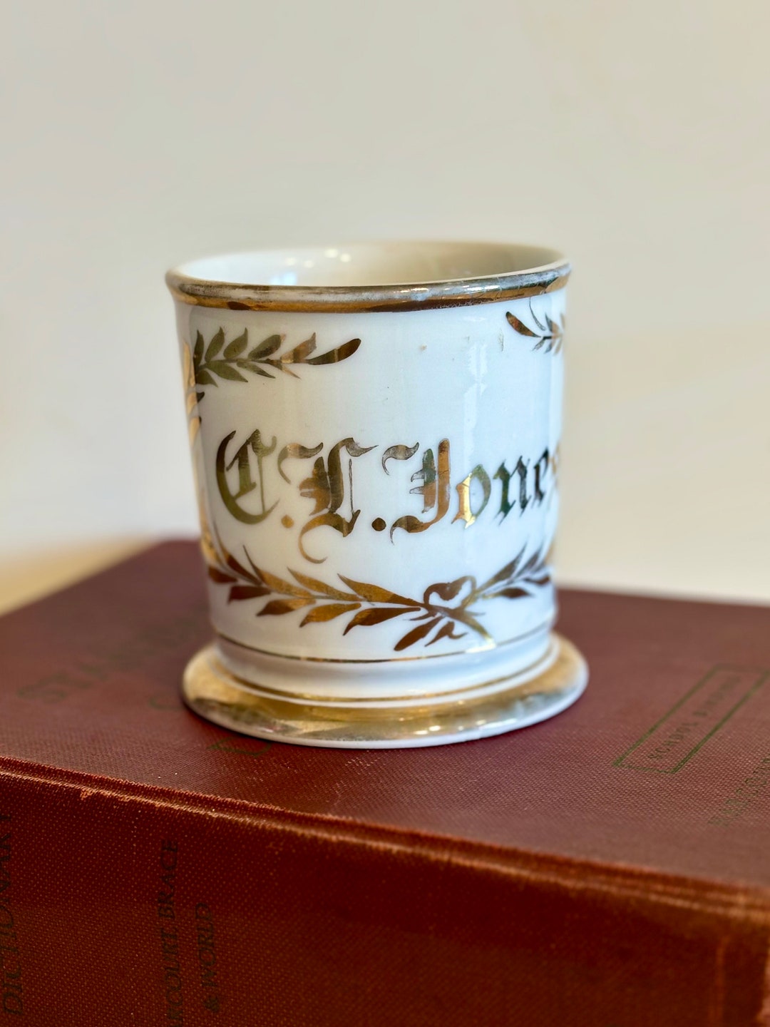 Antique White and Gold Victorian Era Personalized Shave Mug “CT Jones ...