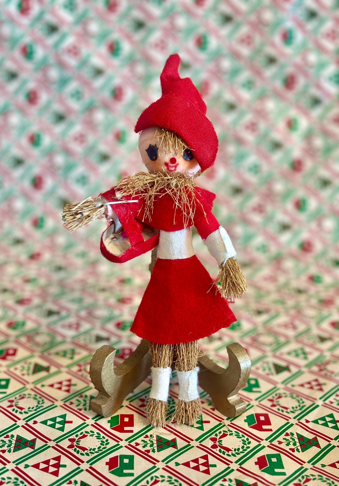 Vintage 60s Straw Pixie Lady With Basket Christmas Tree Ornament, Spun ...