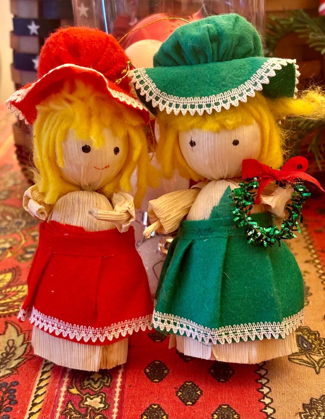 Vintage Set of Two Cornstalk Girl Ornaments Red Green Yarn Hair Felt ...