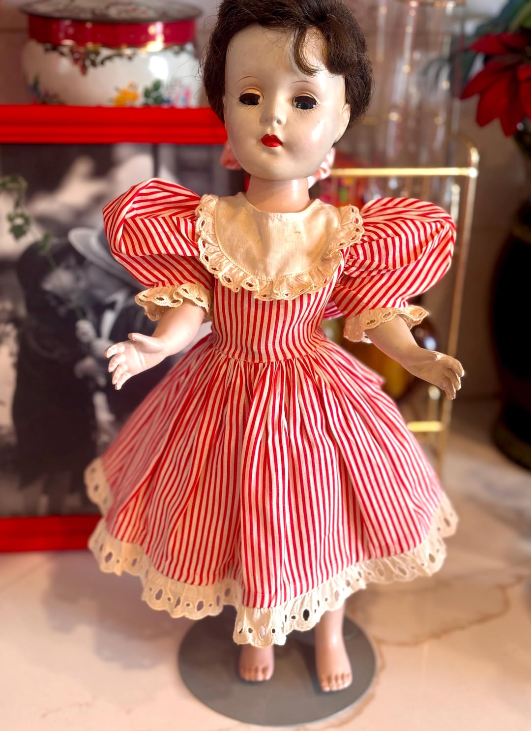 Vintage Red White Stripe Doll Dress With Bloomers, Puff Sleeves, Lace ...