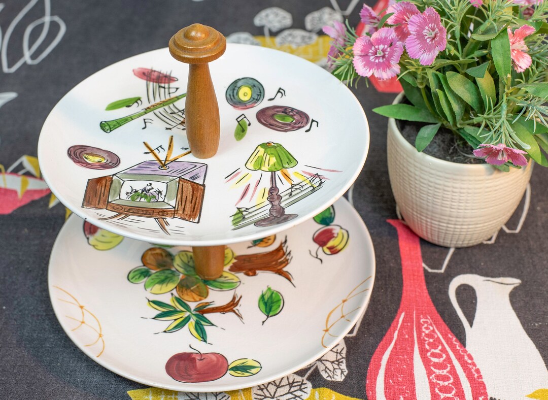 Vintage 2 Plate Kitsch Cake Stand, Wooden Handle, Ironstone Ware, Made ...