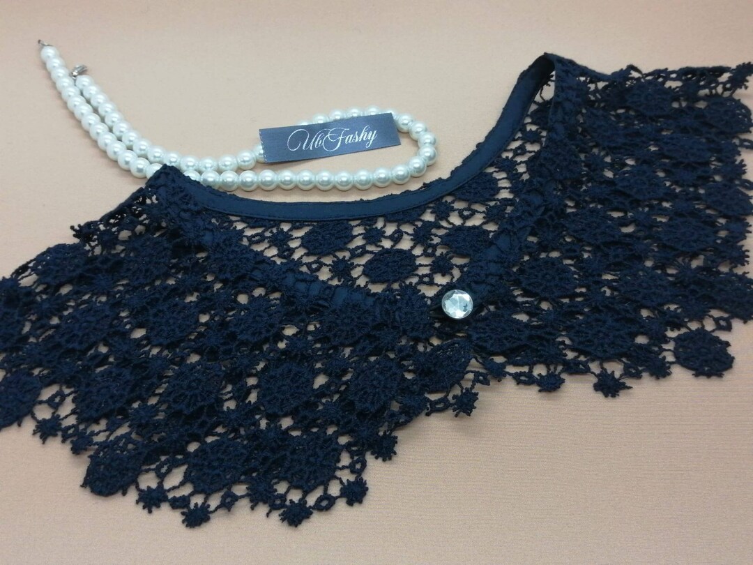 Dark Blue Lace Pattern Detachable Collar W/ Lace Edge Handmade Cotton ...