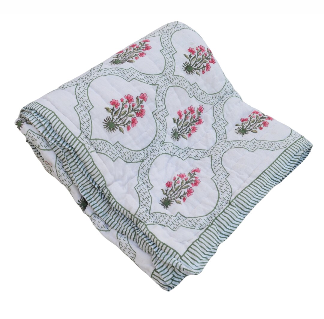 Hand Block Print Razai Blanket Bedspread Coverlet Quilting Razai 100% ...