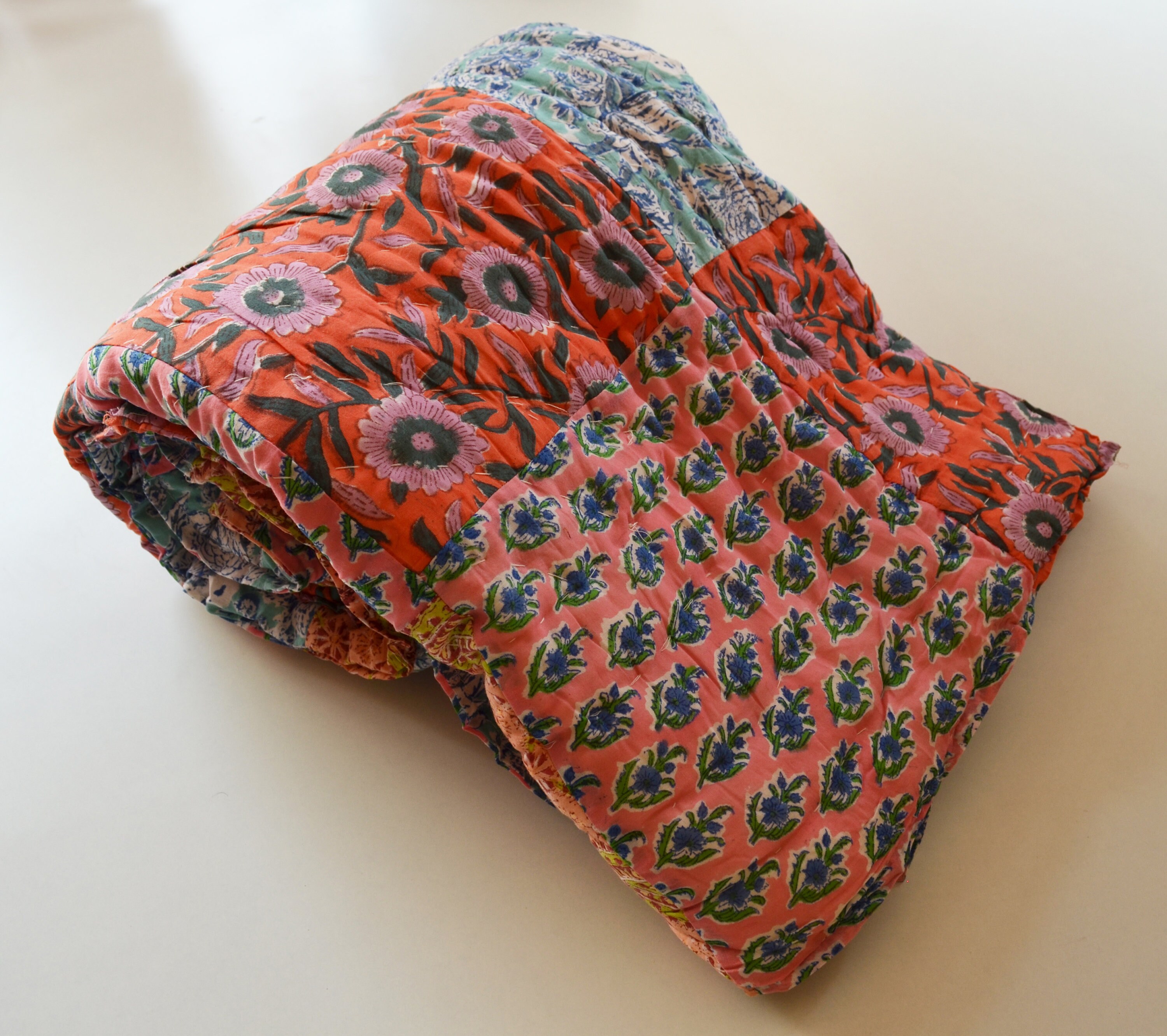 New Multi Printed Quilt Soft Indian Cotton Hand Block Razai Coverlet ...