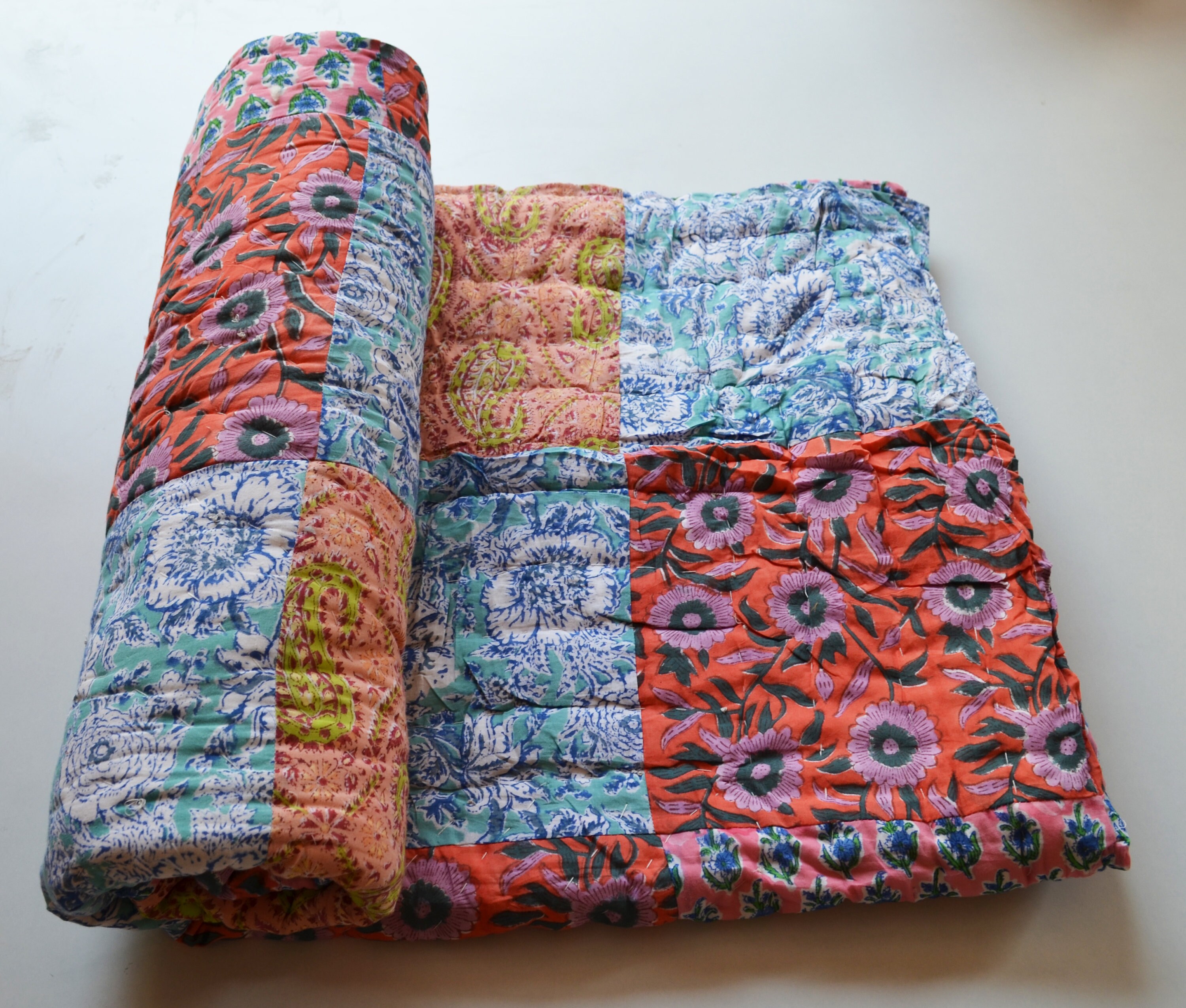 New Multi Printed Quilt Soft Indian Cotton Hand Block Razai Coverlet ...