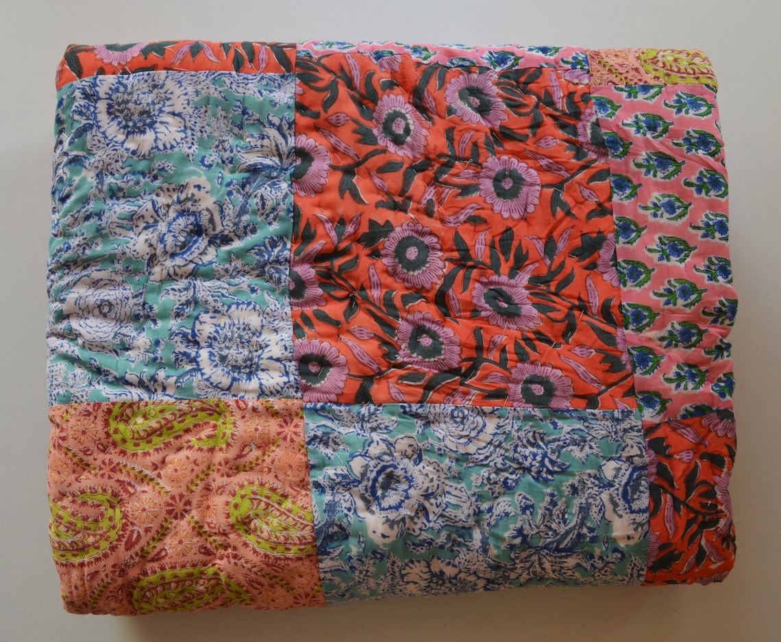 New Multi Printed Quilt Soft Indian Cotton Hand Block Razai Coverlet ...