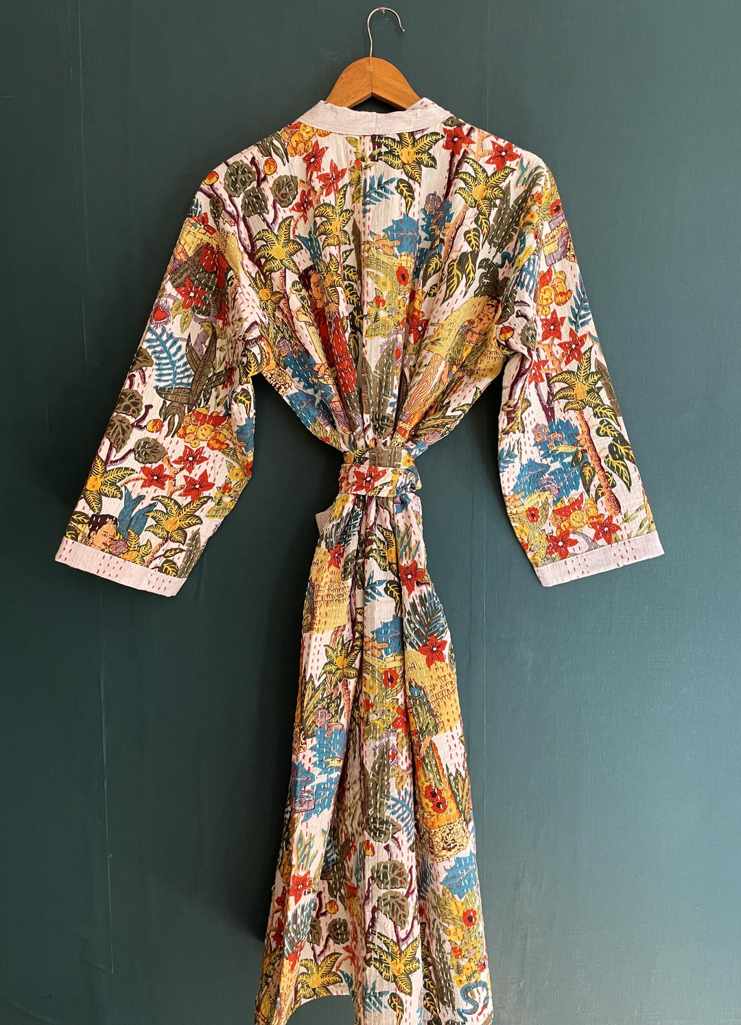 New Indian Farida Print Gown, Handmade Kantha Robe, Natural Adult Clothing Front Open Jacket ...