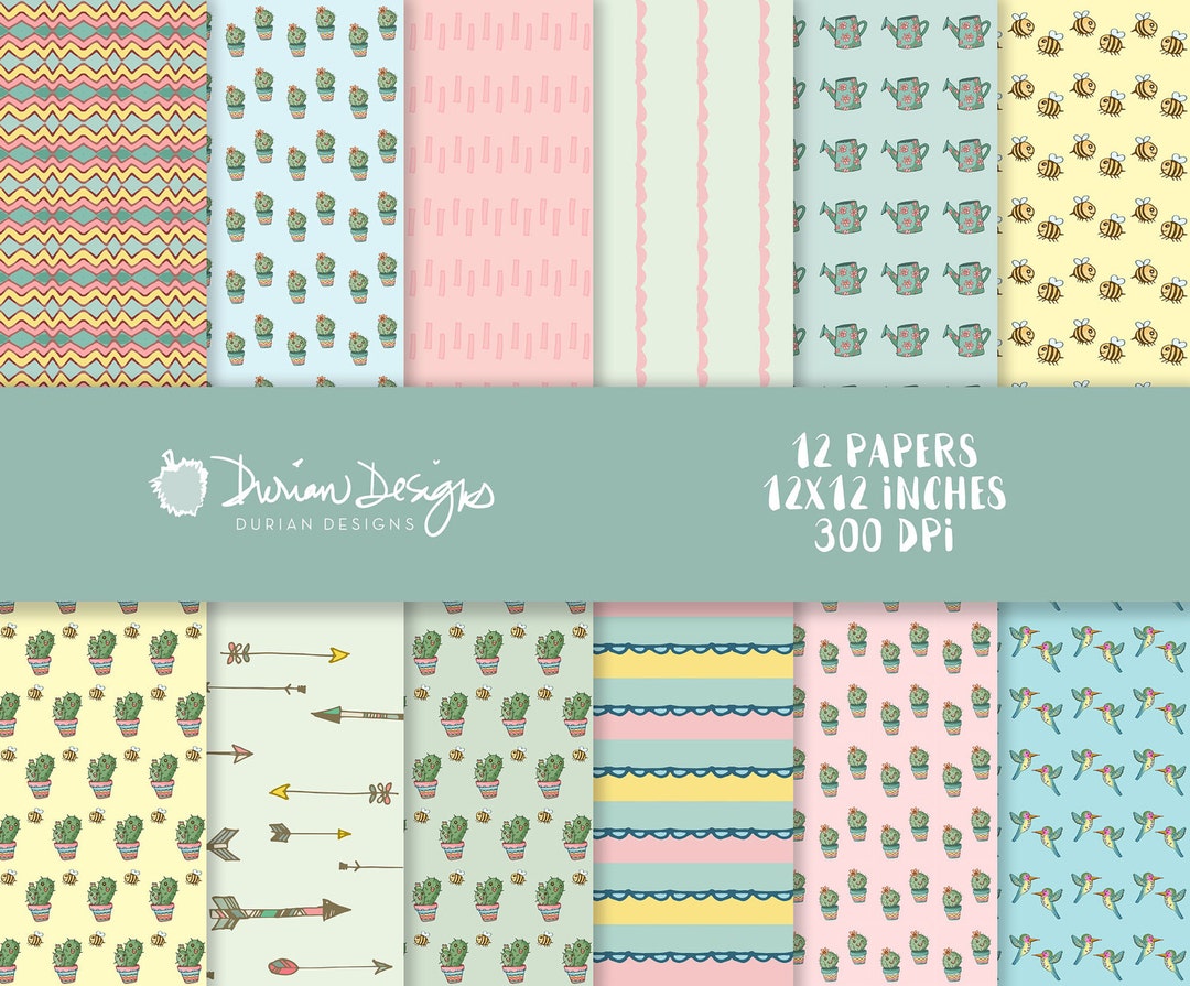 Cute Cactus Digital Paper, Commercial Use, Cacti, Flowers Hummingbird ...